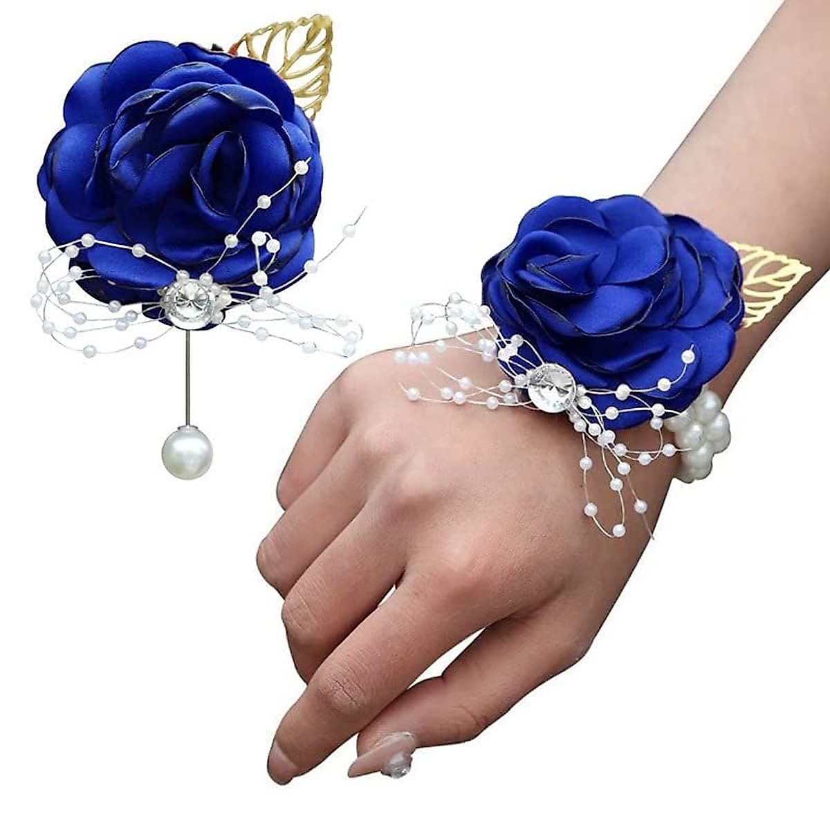 WANLIAN Blue Bridesmaid Wrist Corsage Wedding Flowers Prom Rose Corsage and Boutonniere Set for Wedding Party Prom Wedding Ceremony Anniversary Set of 2(Blue)