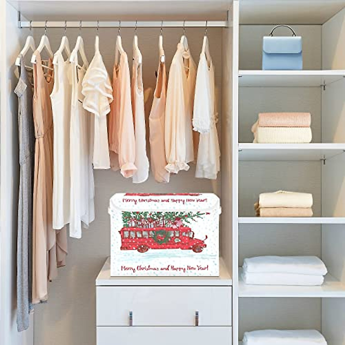 CaTaKu Christmas Red Bus Storage Bins with Lids and Handles, Fabric Large Storage Container Cube Basket with Lid Decorative Storage Boxes for Organizing Clothes