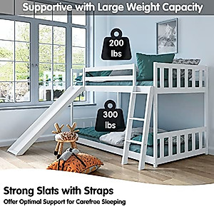 GORELAX Twin Over Twin Size Bunk Bed with Slide, Loft Low Bunk Beds, Wood Floor Bed Frame with Ladder & Guardrail, No Box Spring Needed, Space-Saving Modern Bunk Bed for Kids, Adults (White)