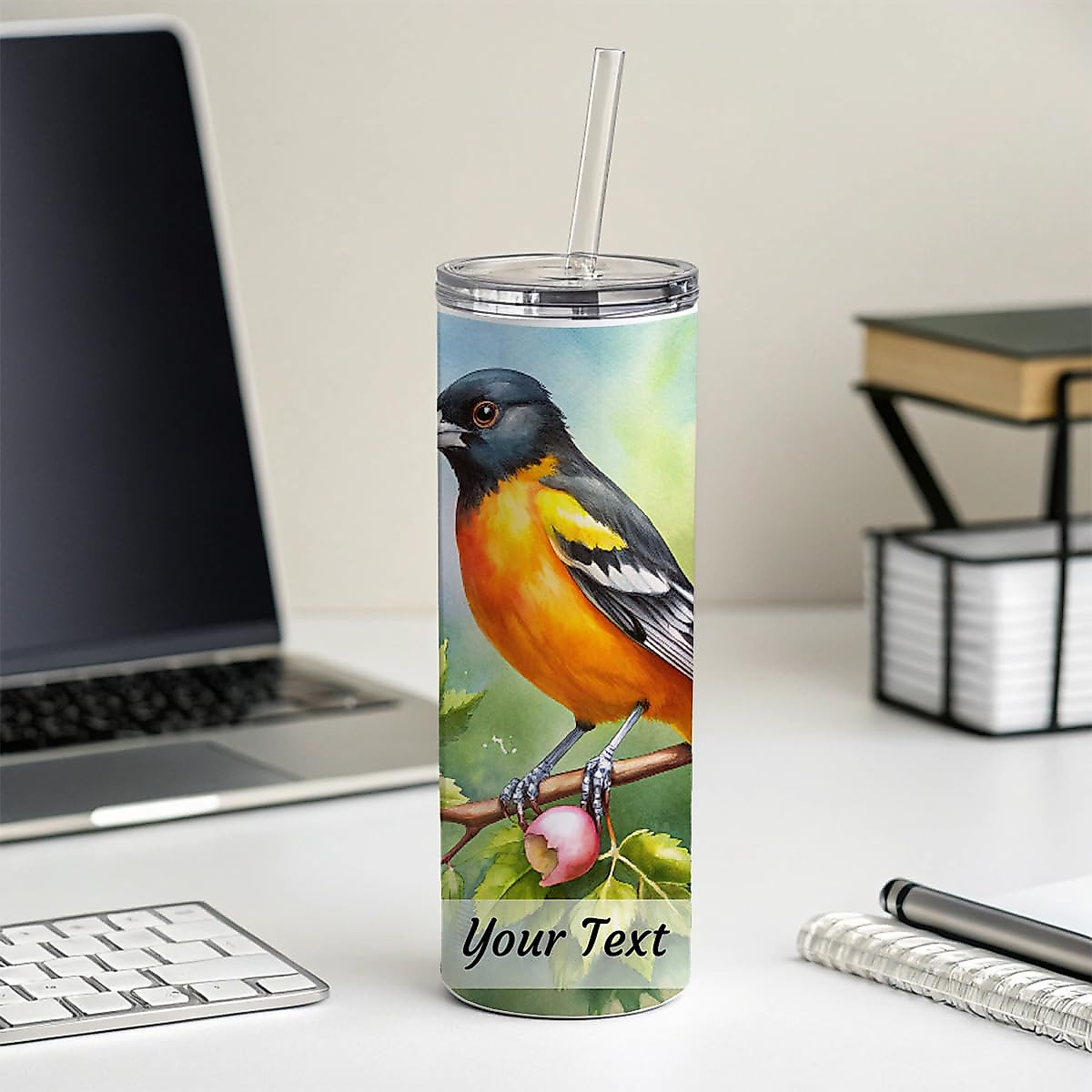 Personalized Custom Name Text Oriole In Tree Bird Watercolor Skinny Tumbler 20oz with Straw Insulated Water Bottle Gift - 1 Line Horizontal