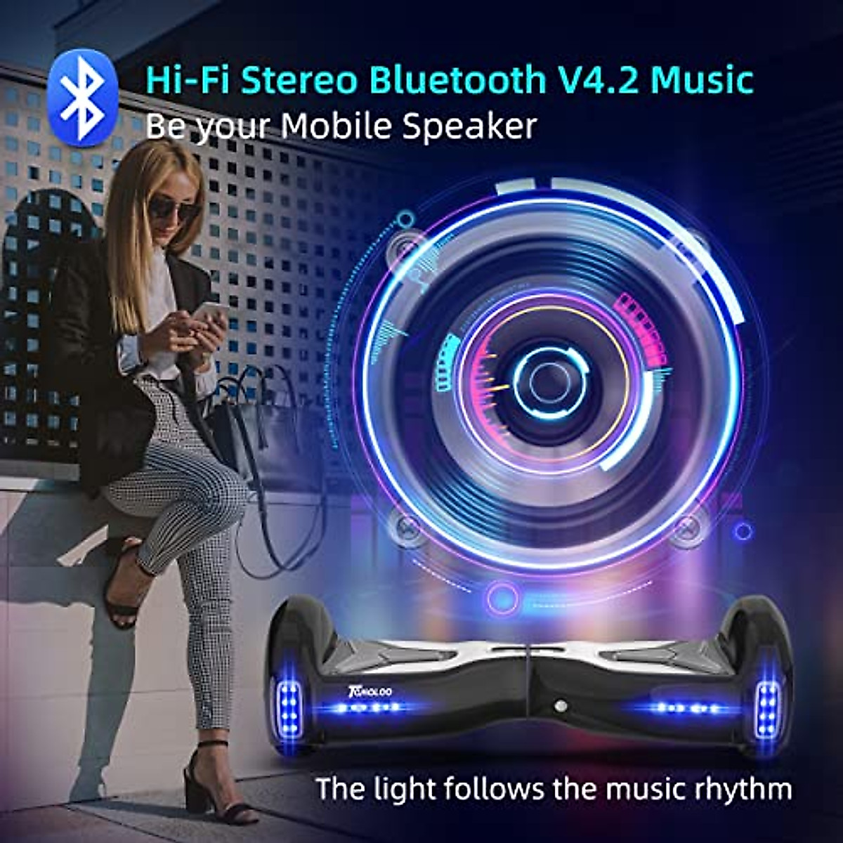 TOMOLOO Hoverboard, 6.5" Two-Wheel Self Balancing Scooters with LED Rhythm Lights and Bluetooth Speaker for Beginners（Children and Adults）