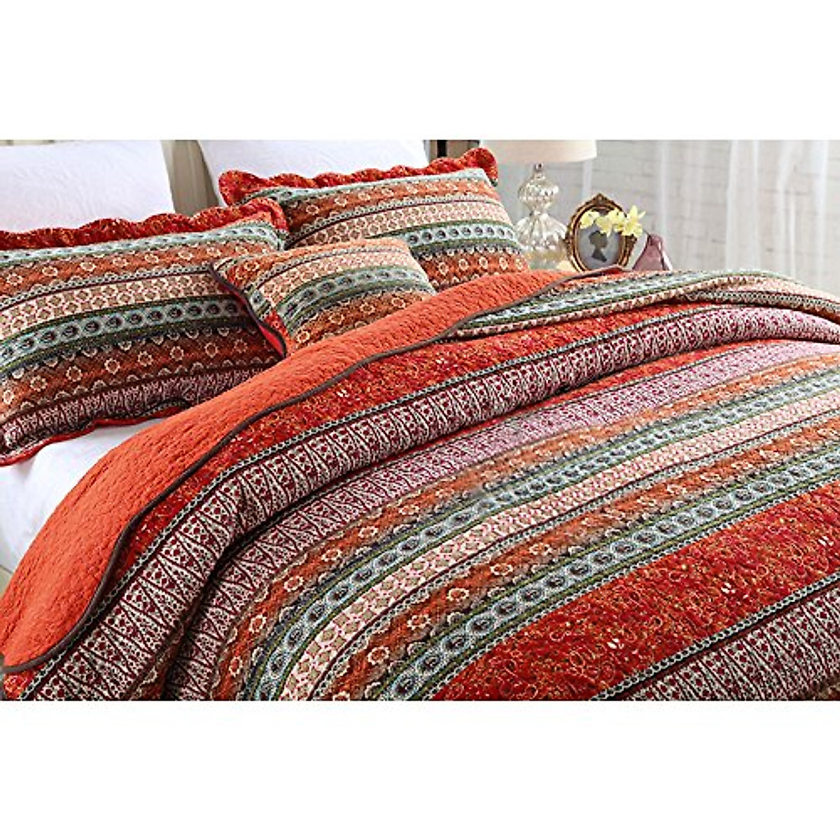 NEWLAKE Striped Classical Cotton 3-Piece Patchwork Bedspread Quilt Sets, Queen Size