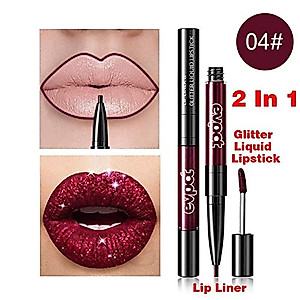 evpct 7Pcs Pink Red Glitter Matte Lip Liner and Liquid Lipstick Set Kit Long Lasting, Matte to Lip Glitter Metallic Dark Red Sparkle Sparkly Glossy Permanent Liquid Lipsticks Lip Gloss Set for Women