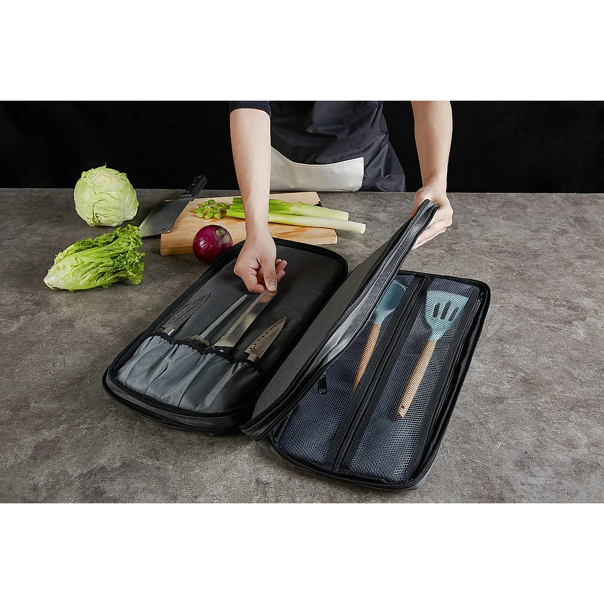 Chef Knife Roll Bag, 16 Pockets Large Knife Case Bag, Durable Oxford Cloth Culinary Bag, Executive Zipped Compartments Chef Knife Carrier Bag for Traveling, Working, Camping - Knifes not Included