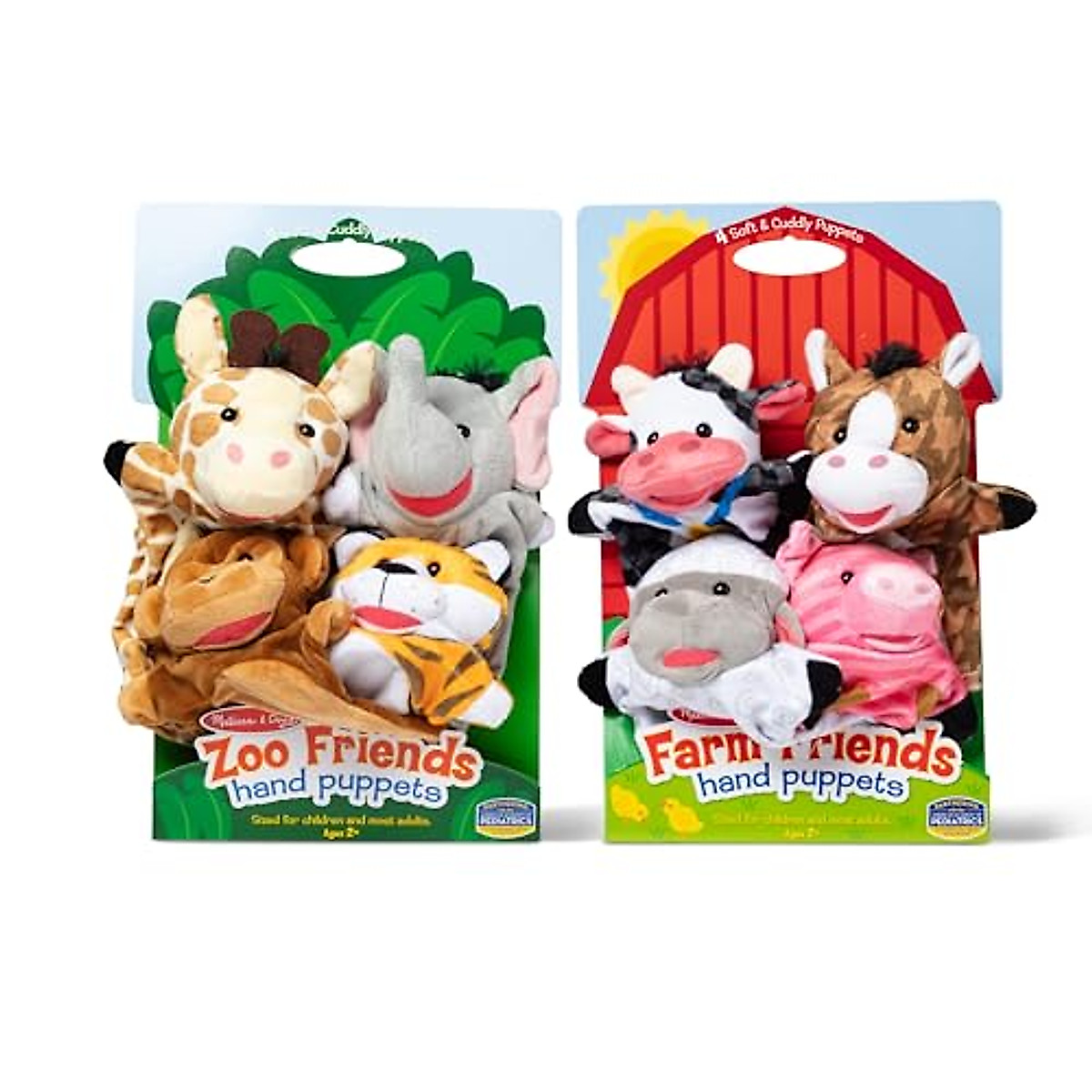Melissa & Doug Animal Hand Puppets (Set of 2, 4 animals in each) - Zoo Friends and Farm Friends