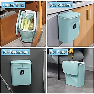 2.4 Gallon Kitchen Compost Bin for Counter Top or Under Sink, Hanging Small Trash Can with Lid for Cupboard/Bathroom/Bedroom/Office/Camping, Mountable Indoor Compost Bucket (Blue)