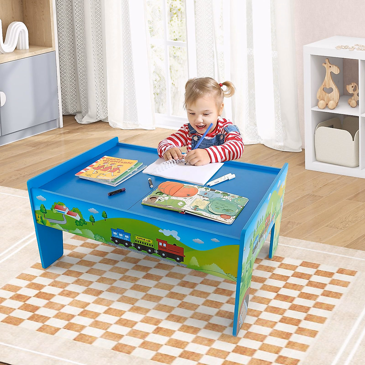 Costzon Train Table with 100 Multicolor Pieces, Wooden Kids Activity Table with Large Rolling Storage Drawer, Tracks, Cars, DIY Design, Train Set Table for Toddlers 3+, Gift for Boys Girls