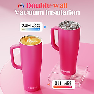 FOHGEE 40oz Tumbler with Handle and Straw Lid【Magnetic lid + Removable built-in straw】100% Leak-proof Travel Coffee Mug, Stainless Steel Insulated Cup, Keeps Cold for 24Hrs (ChillWave Rosy Bloom)