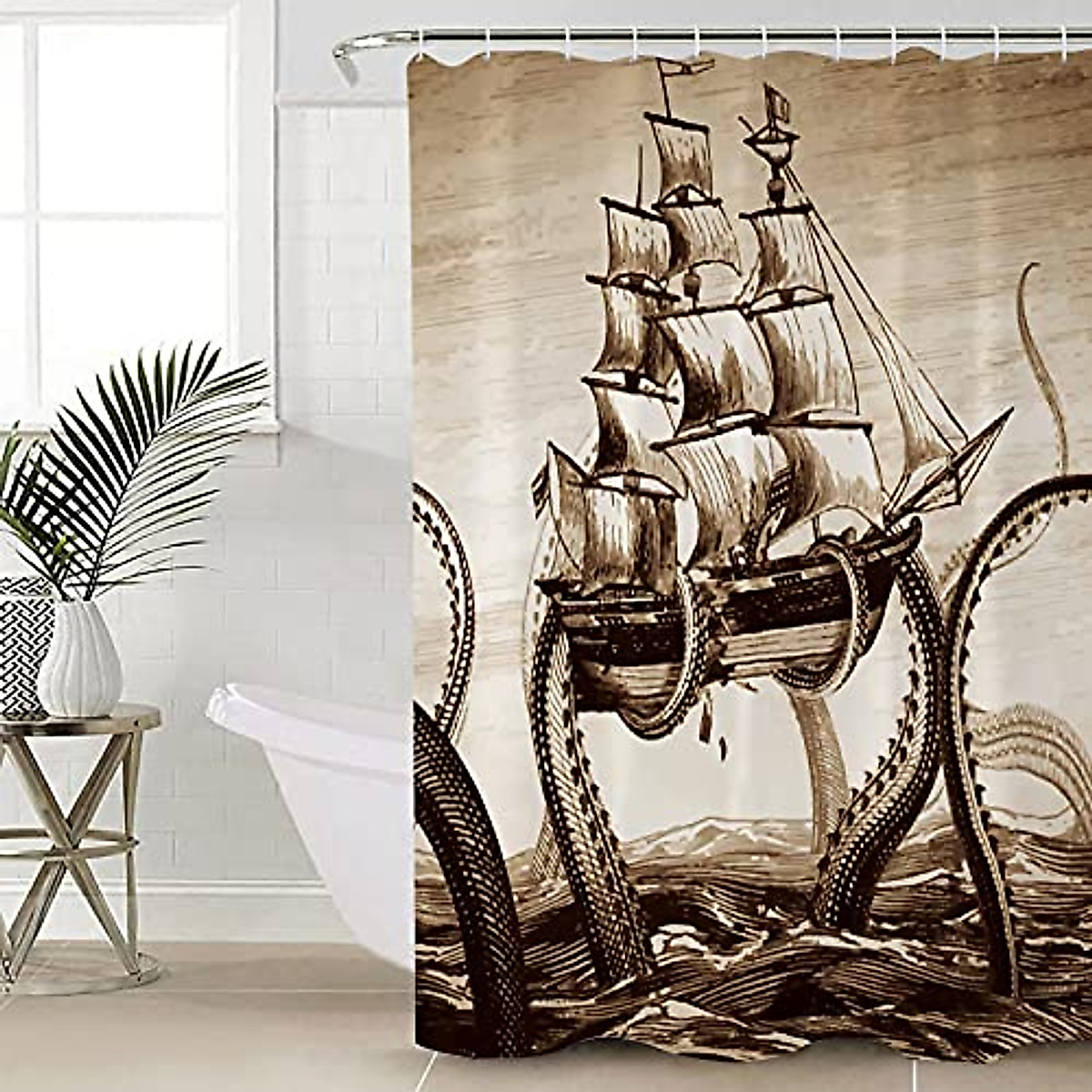 BestLives 4 Pcs Shower Curtain Sets with Rugs Pirate Boat Non-Slip Soft Toilet Lid Cover for Bathroom Ocean Animal Kraken Octopus Bathroom Sets with Bath Mat and 12 Hooks
