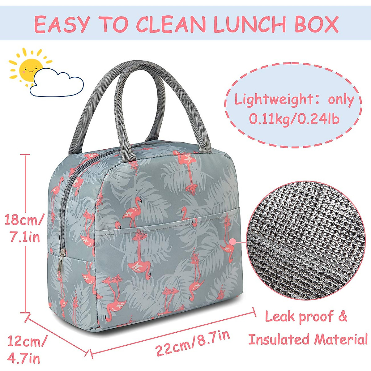 Kasqo Lunch Box Bag for Kids, Insulated Cooler Bag Boys and Girls Durable Foldable Lunch Tote Children’s Thermal Bag with Front Pocket for School Picnic Travel in Cute Flamingo