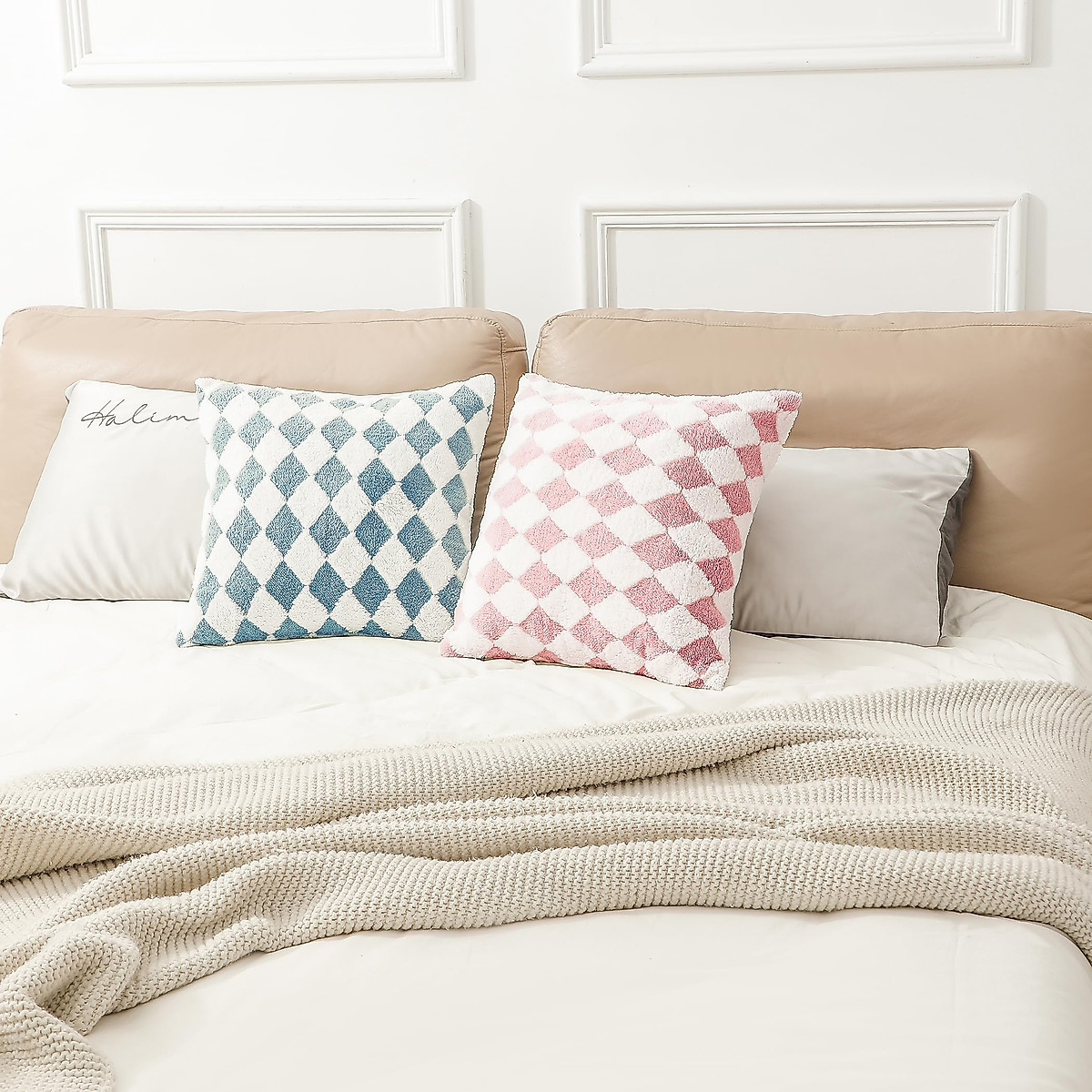 WEMEON Decorative Throw Pillow Covers 18x18 Inch Set of 2Luxury Style Checkerboard Pattern Cushion Case, Pattern Super Soft Faux Fur Wool Throw Pillows for Couch Living Room