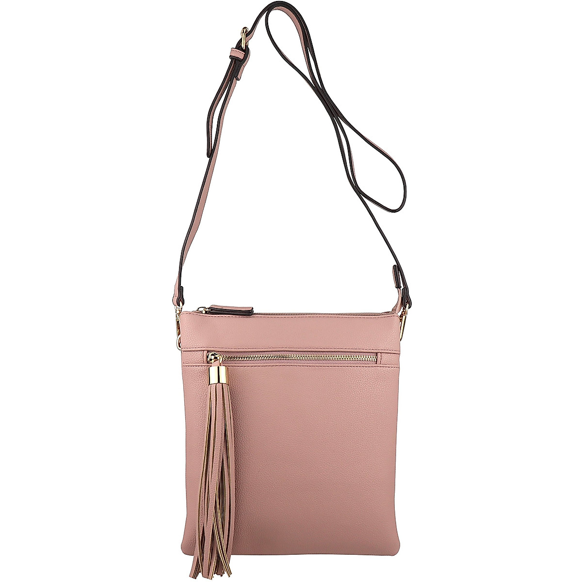 B BRENTANO Vegan Double-Zip Pocket Crossbody Handbag Purse wih Big Tassel Accent (Blush)