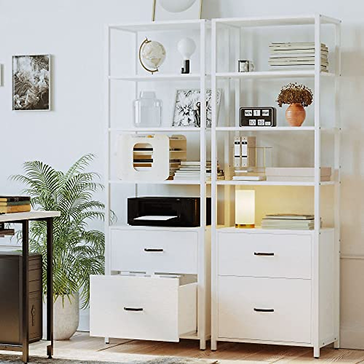 IRONCK Industrial Bookcase with File Cabinet Drawers, 71.6 in Tall Bookshelf 5 Tier, Freestanding Storage Home Office Cabinet Organizer, Rustic Home Decor, White