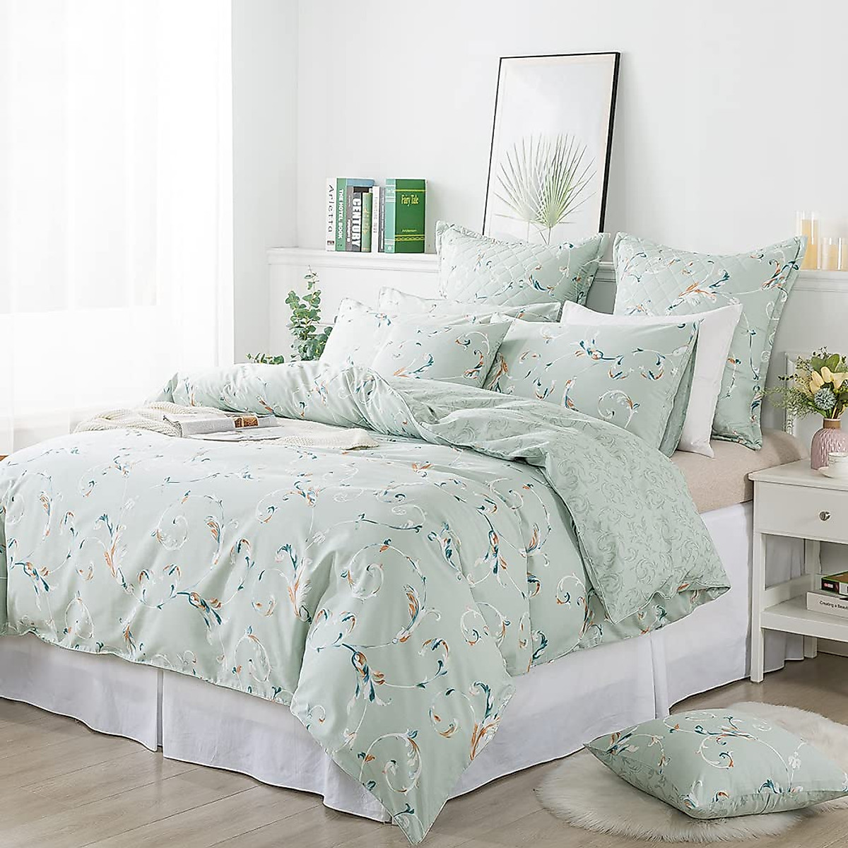 FADFAY Twin XL Duvet Cover, 100% Cotton Teal/Light Green Reversible Comforter Cover College Dorm Room Bedding Sets - Ultra Soft Pattern Printed Leaf Bedding, 3Pcs, Twin Extra Long