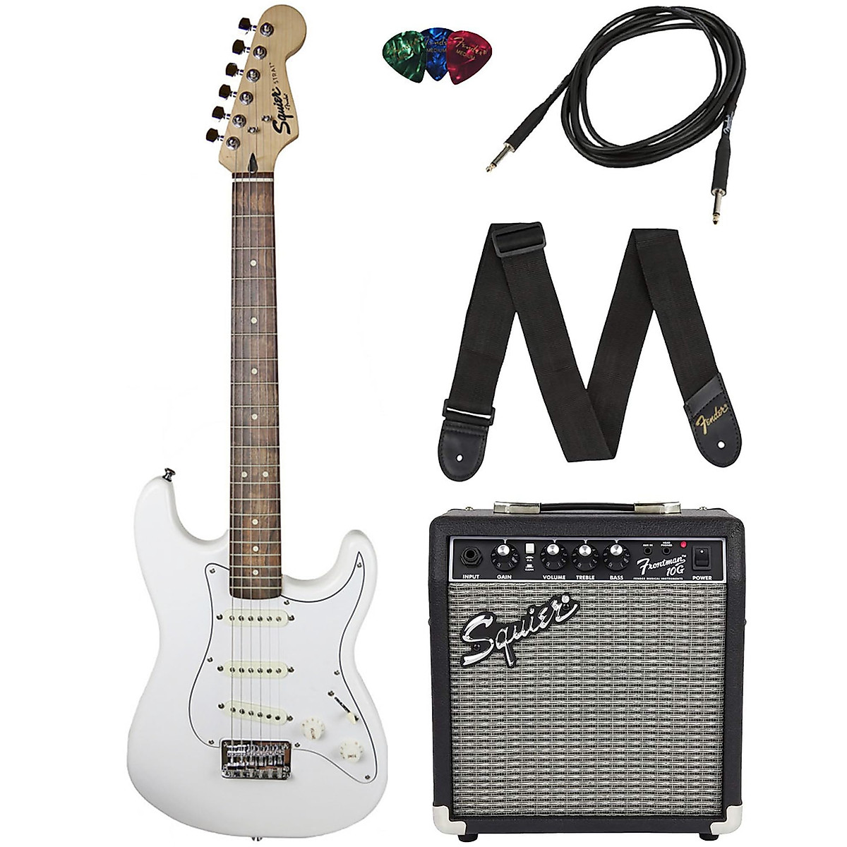 Fender Squier 24-Inch Short Scale Strat Pack - Transparent Red Bundle with Frontman 10G Amplifier, Tuner, Instrument Cable, Strap, Picks, Online Lessons, and Austin Bazaar Instructional DVD