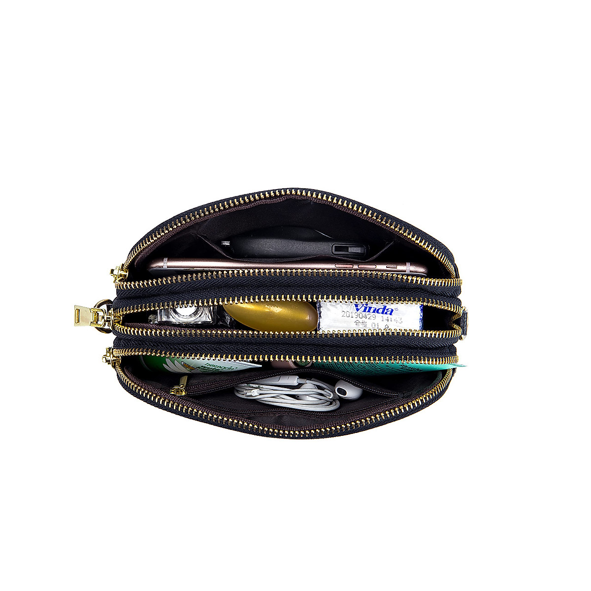 Triple Zip Small Crossbody Bags Genuine Leather Shoulder Handbags Trendy Design Cellphone Purses for Women and Girls(black)