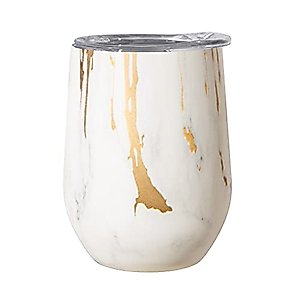 Oggi Cheers 'Celebrate Collection' Stainless Steel Insulated Wine Tumbler - White Gold Marble, 12oz, with clear slider lid.