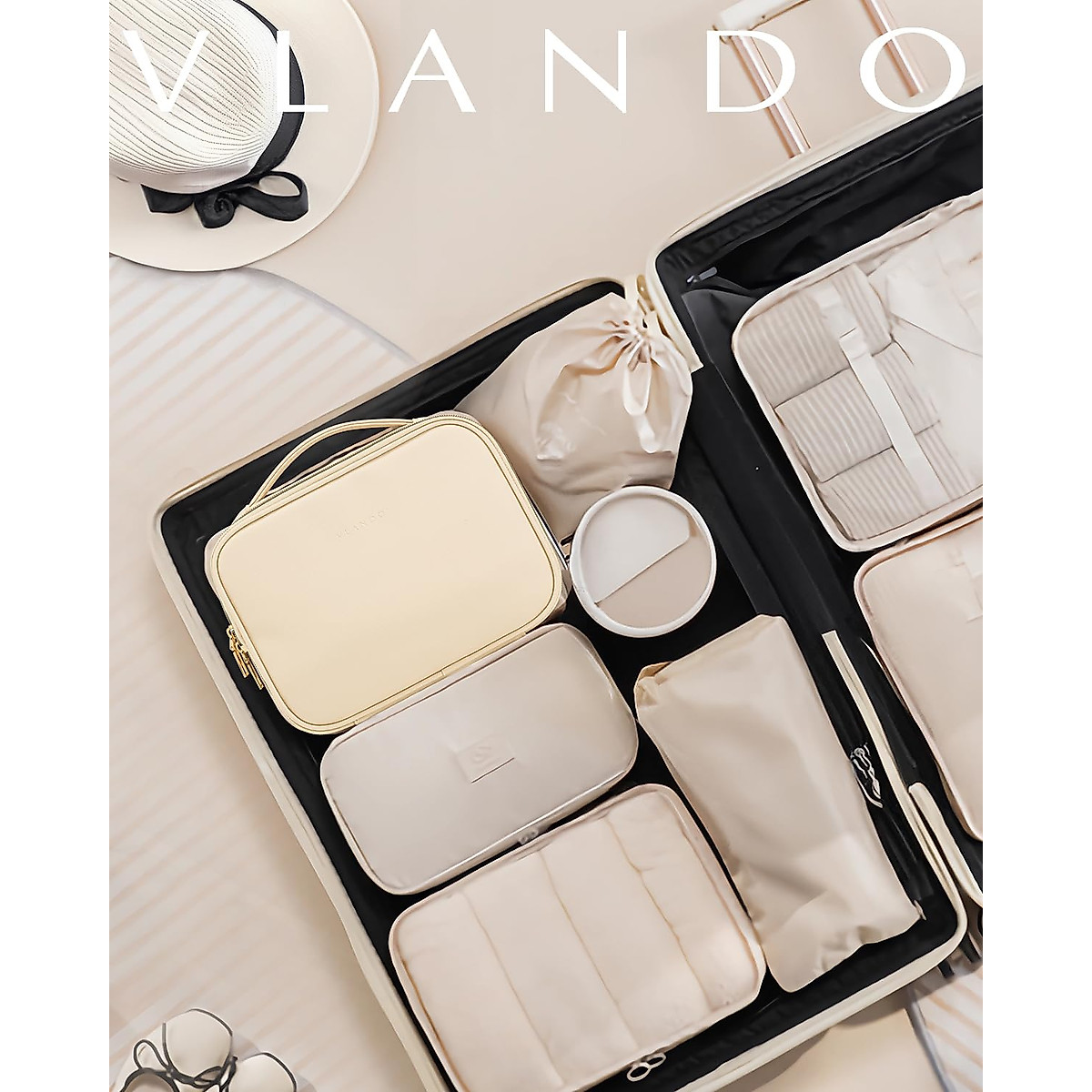 Vlando Makeup Bag,Gifts for Women Travel Makeup Bag Organizer Leather Make up Storage Bag for Women Adjustable Dividers Make up Brushes Case for Valentine's Day Birthday-white