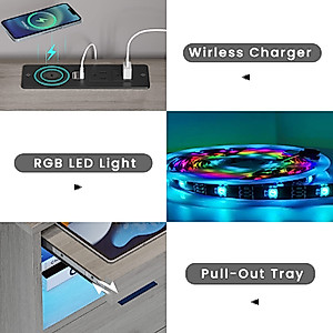 ADORNEVE Nightstand with Wireless Charging Station and LED Lights, Grey Night Stand with 2 Drawers and Open Storage for Bedroom, Bedside Table with Pull-Out Shelf, Modern End Side Table