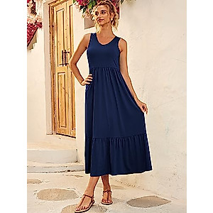 LILLUSORY Women's Summer Sleeveless V Neck Flowy Swing Dresses Casual Tiered Long Maxi Dress with Pockets Navy Blue
