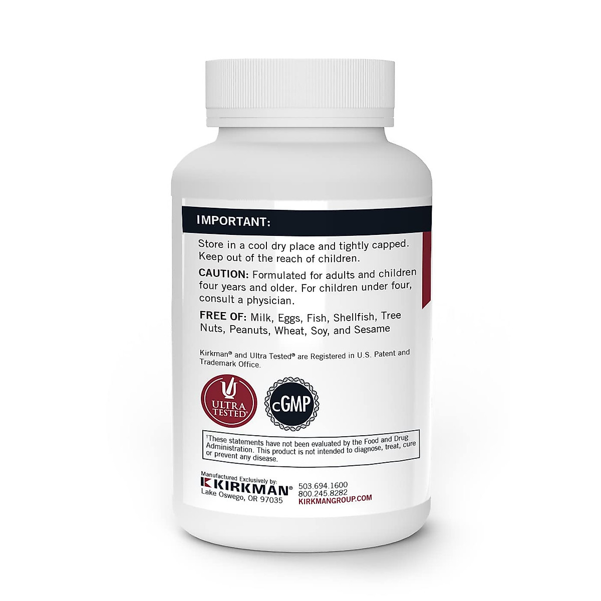 Kirkman's purest Calcium 200 mg - Hypoallergenic 120 Vegetarian Capsules - Gluten and Casein Free -Tested for More Than 950 Environmental contaminants