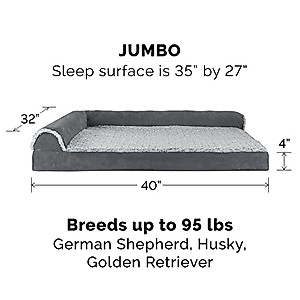 Furhaven XL Memory Foam Dog Bed Two-Tone Faux Fur & Suede L Shaped Chaise w/ Removable Washable Cover - Stone Gray, Jumbo