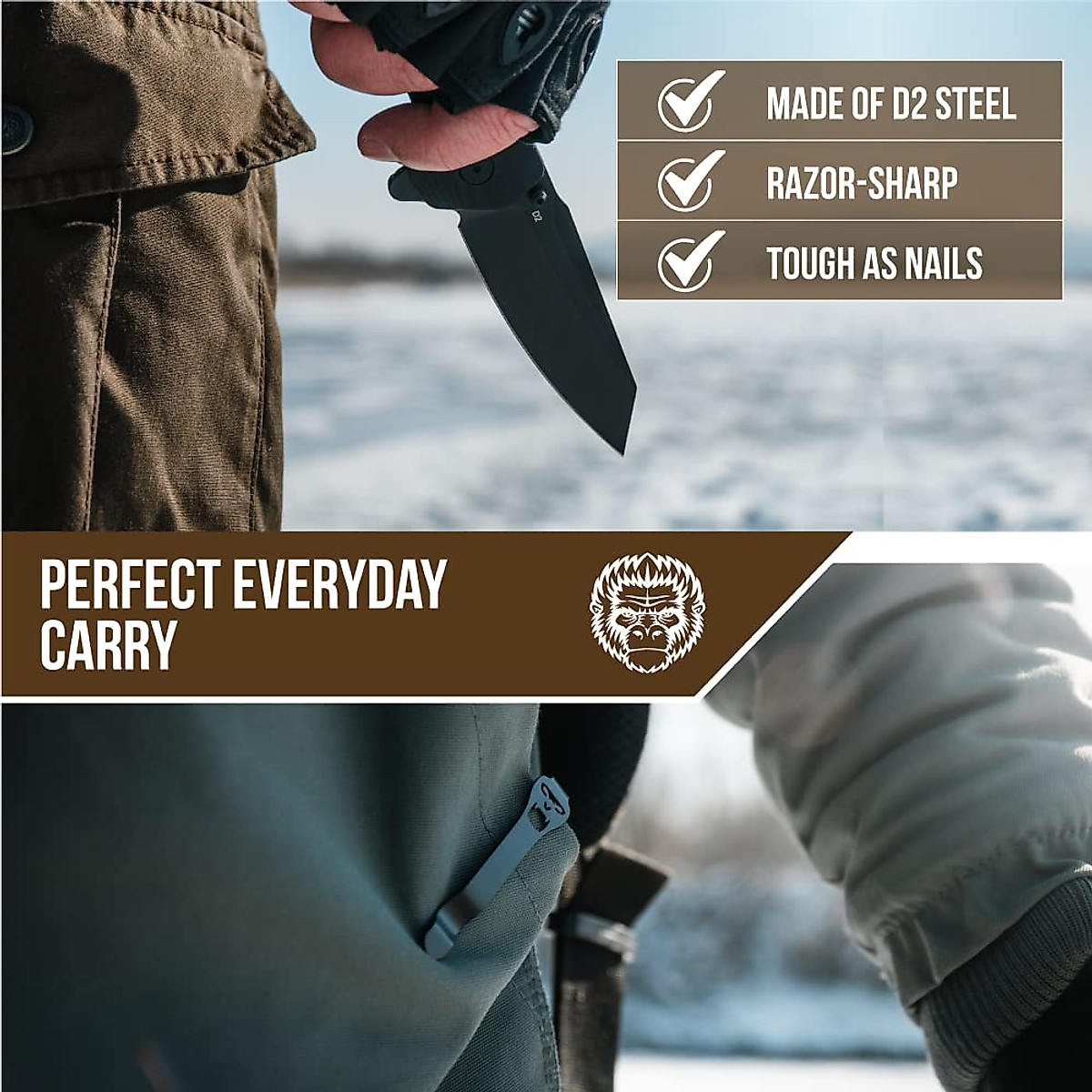 Holtzman's Gorilla Survival 'Clip Point' Folding Knife featuring D2 Steel Blade with G10 Tactical Handle in Gift Box Set (Black+Orange)