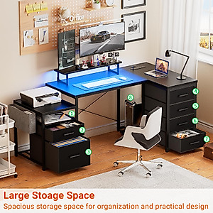 Unikito Reversible L Shaped Computer Desk with Fabric File Drawers, 70.8" Large Office Corner Desk with RGB LED Lights & Power Outlets & Monitor Stand & CPU Stand, Sturdy L Shape Gaming Desk, Black