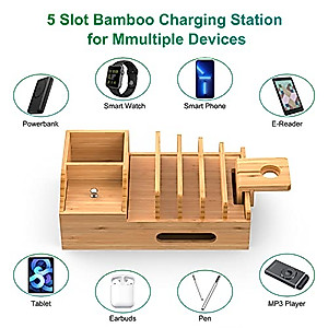 Bamboo Charging Station for Multiple Devices with 5 Port USB Charger, 6 Charger Cables and Smart Watch Stand. Wood Desktop Dock Stations Electronic Organizer for Cell Phone, Tablet, Watch, Office