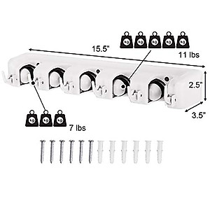 Xiloccer Renatone Mop and Broom Holder Wall Mount, Heavy Duty Organizer Storage Hooks Mounted, Commercial Rack 5 Slots & 6 Hooks, Hanging Tools for Home, Garden, Garage, White, 15 x 3.5 x 2.5 inches
