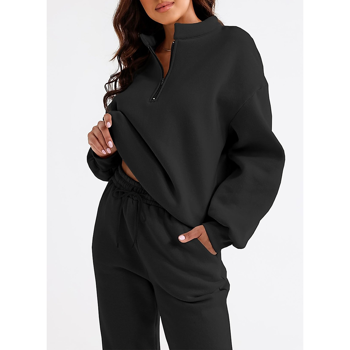 Aleumdr Womens 2 Piece Sweatsuit Sets 2025 Fall Trendy Half Zip Pullover Long Sleeve Sweatshirt Jogger Pants Outfits with Pockets Black Medium
