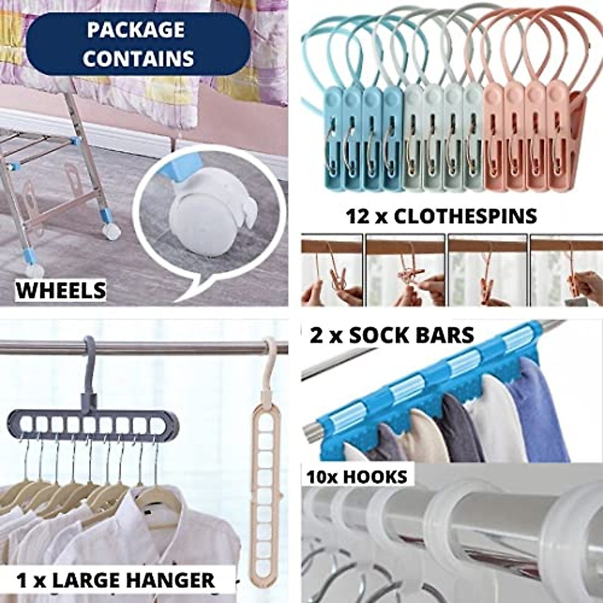 TTW Clothes Drying Rack, 3 Level Foldable Laundry Drying Rack Collapsible, Drying Rack Clothing, Extra Accessories and Wheels