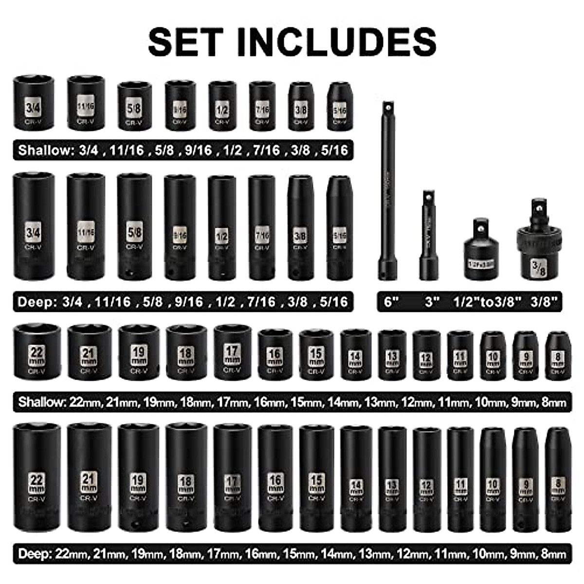 Mayouko 48 Pieces 3/8" Drive Impact Socket Set, SAE/Metric, 6 Point, CR-V, Includes Extension Bar, Adapter, Universal Joint