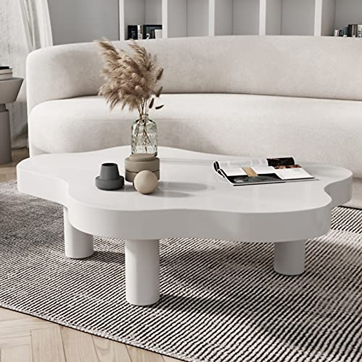 Cloud Shape Irregular Wood Coffee Table,Round Corner Thicken End Table,Cute Accent Modern Coffee Cocktail Table with 3 Legs for Living Room Furniture(27.5" Lx18 Wx16 H, White)