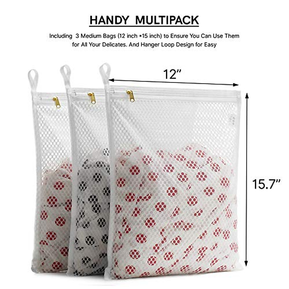 TENRAI Set of 3 Delicates Honeycomb Mesh Laundry Bags, with YKK Zipper, Hanging Ring, Lingerie, Hosiery, Gloves, Socks, Bra Mesh Wash Bags(3 Medium)