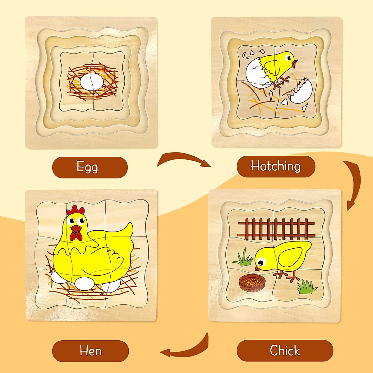 Montessori Wooden Puzzles for Kids Ages 4-8, 4 Layer Life Cycle Jigsaw Puzzle for Toddlers, Children Preschool Learning Educational Puzzles Toys for Boys and Girls (Chicken)