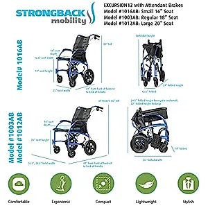 Strongback Mobility Excursion 12S+AB Lightweight Folding Wheelchair for Adults and Seniors - Transport Chair with Built-in Adjustable Lumbar Support; 18" Seat (12" Rear Wheels)