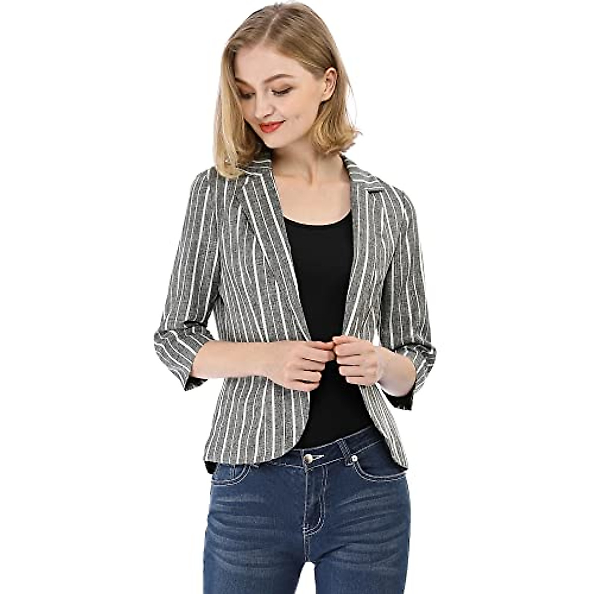 Allegra K Women's Striped 3/4 Sleeves Open Front Notched Lapel Blazer M Black