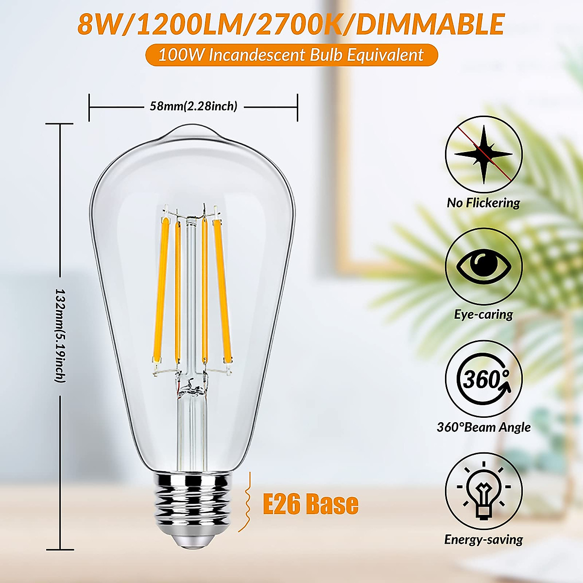 Dimmable Vintage LED Edison Light Bulbs 100W Equivalent, 8W ST58 Warm White 2700K 1200Lumens ST19 Antique LED Filament Bulbs, E26 Base, Clear Glass, CRI90+, Great for Home Bathroom Kitchen(4 Pack)