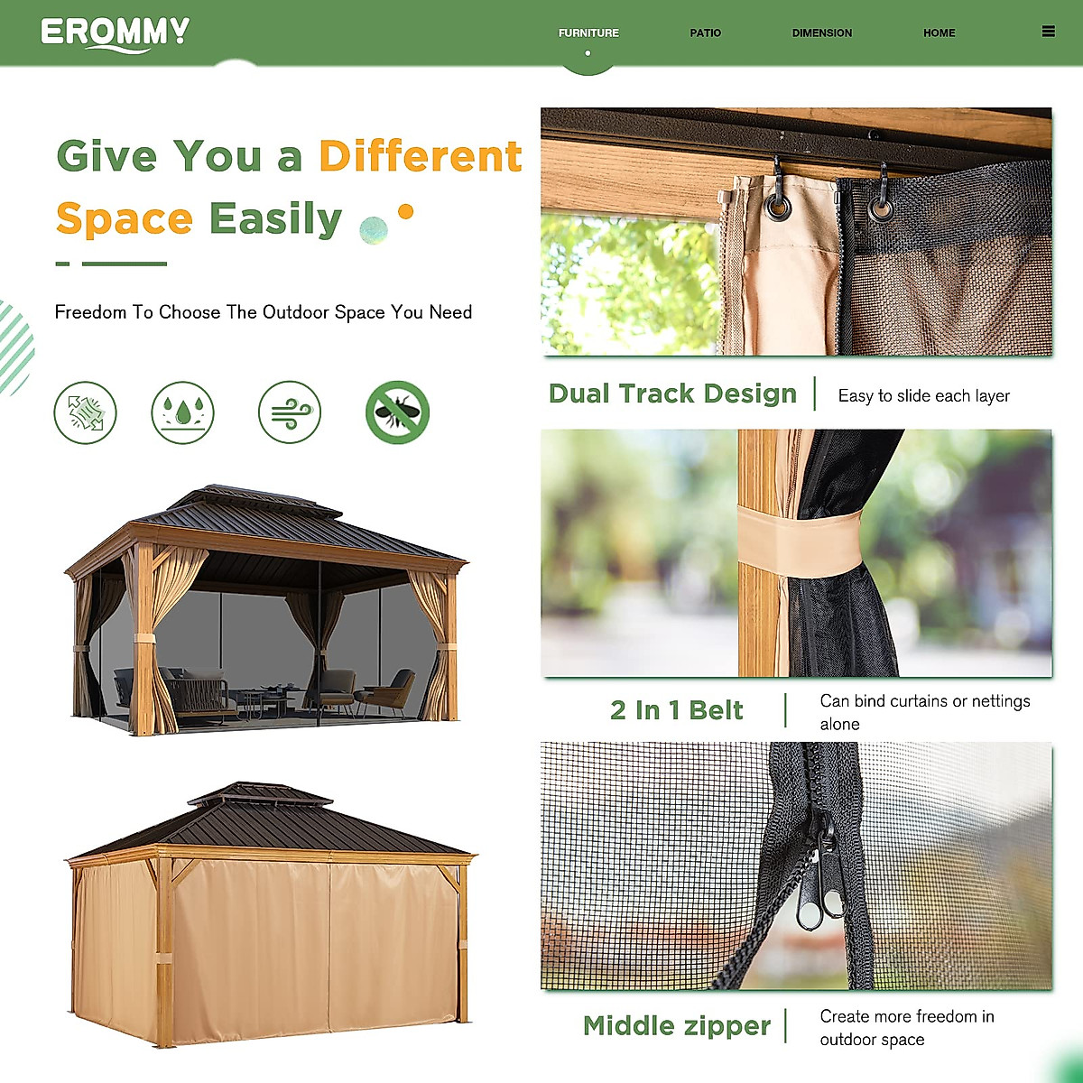 EROMMY 10'x12' Gazebo, Wood Grain Aluminum Frame Canopy with Double Galvanized Steel Hardtop Roof, Outdoor Permanent Metal Pavilion with Curtains and Nettings for Patio, Backyard and Deck