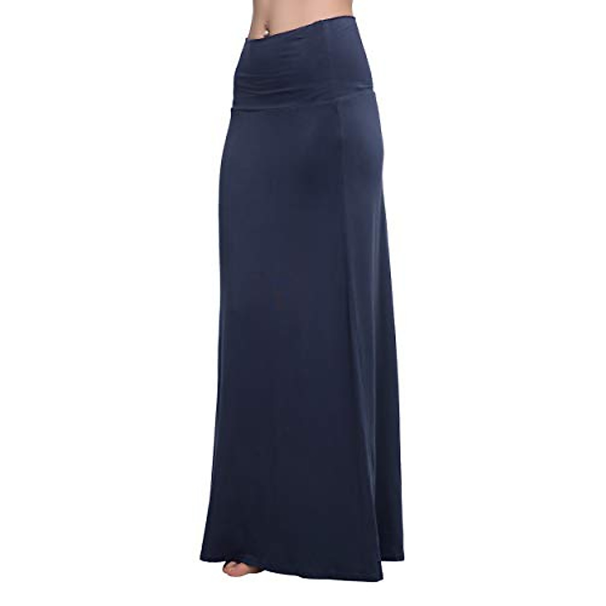 Urban CoCo Women's Stylish Spandex Comfy Fold-Over Flare Long Maxi Skirt (M, Navy Blue)