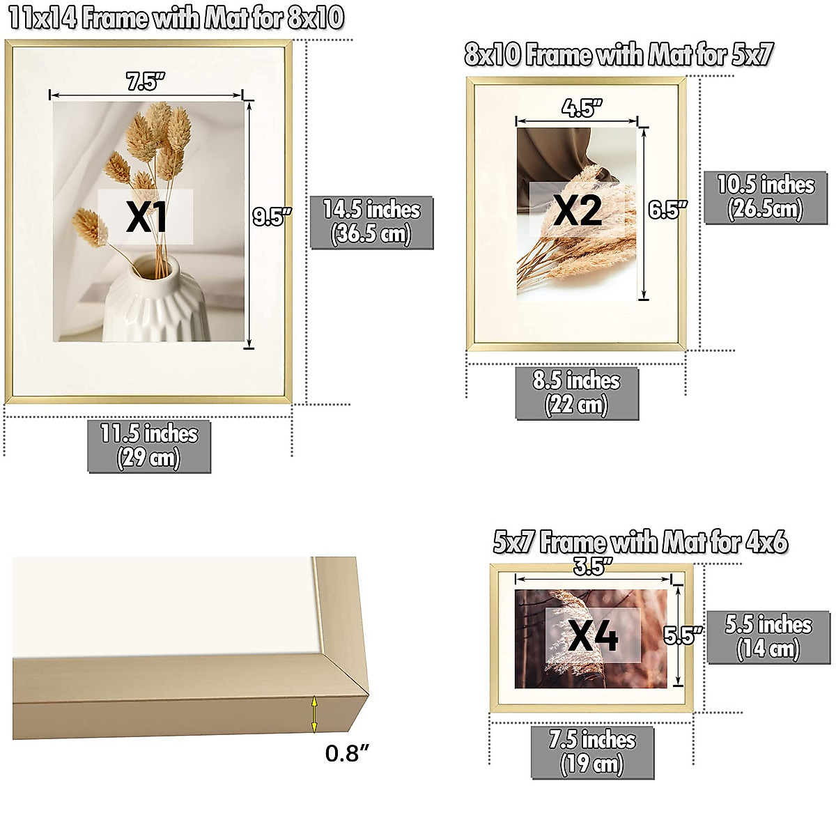 Golden State Art, 7 Pack, One 11x14, Two 8x10, and Four 5x7 Pictures. Aluminum Photos Frame for Wall or Tabletop Display (Gold)