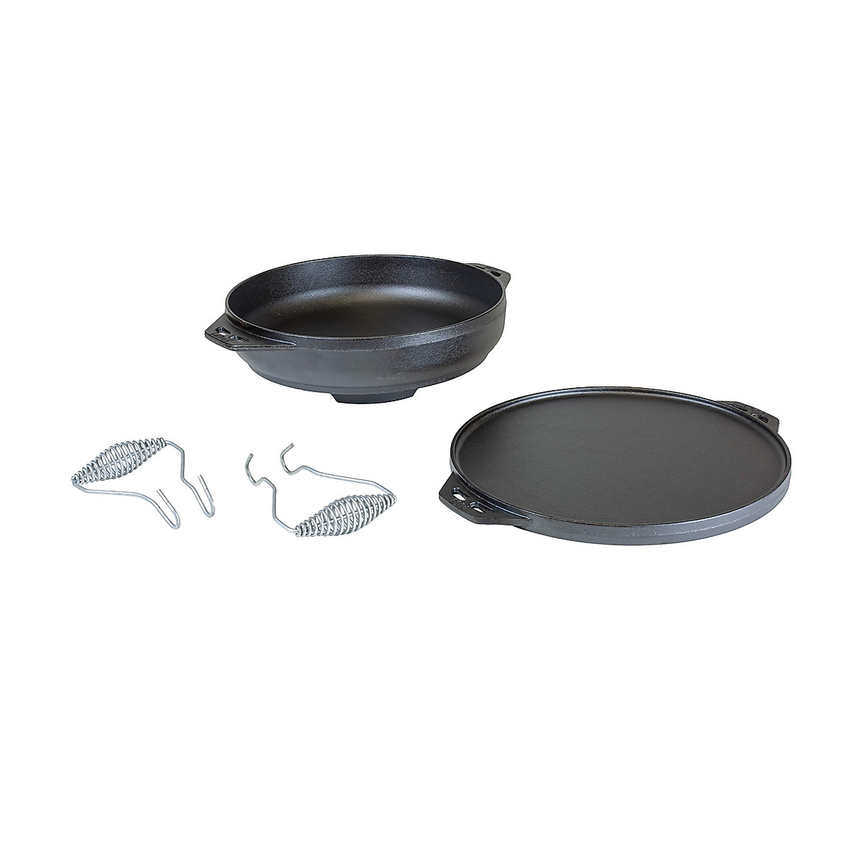 Lodge Cast Iron Cook-It-All Kit. Five-Piece Cast Iron Set includes a Reversible Grill/Griddle 14 Inch, 6.8 Quart Bottom/Wok, Two Heavy Duty Handles, and a Tips & Tricks Booklet.