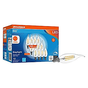 LEDVANCE Sylvania Reduced Eye Strain B10 LED Light Bulb, 60W = 5.5W, 13 Year, Candelabra Base, Dimmable, Clear, Daylight - 12 Pack (41226)