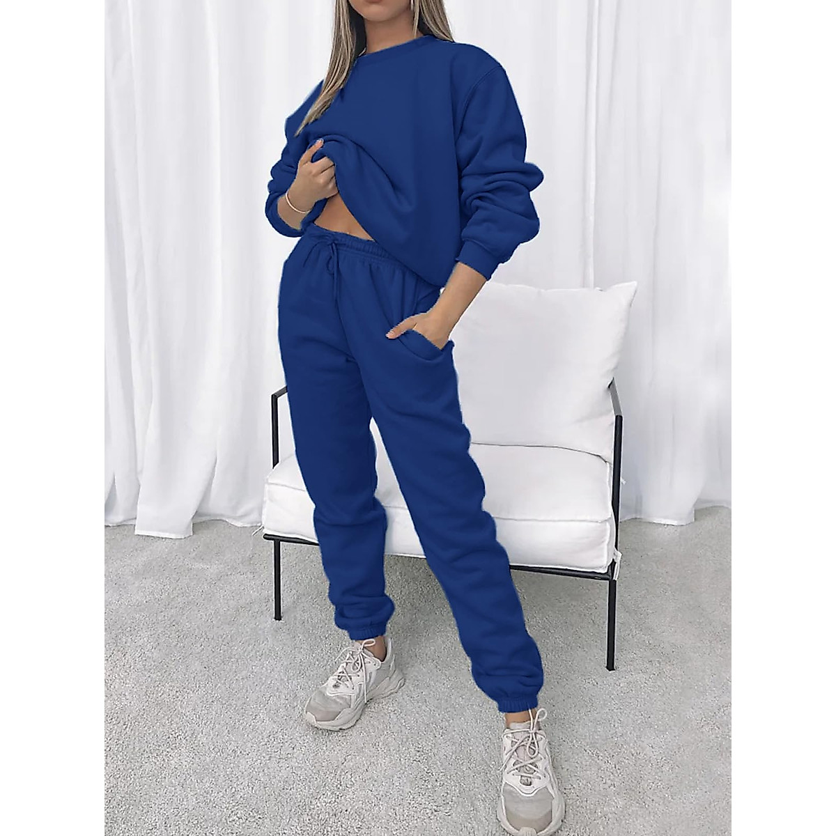 KANSOON Women Sweatsuits Sets Two Piece Outfits Long Sleeve Round Neck Top Sweatpants Tracksuits Sets Loungewear Blue M