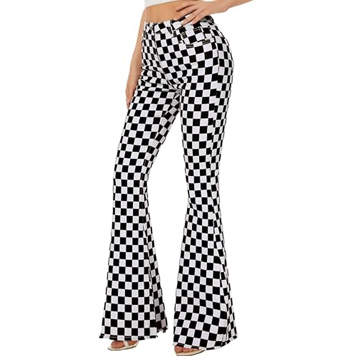Odefou Bell Bottom Jeans for Women High Waisted Stretch Plaid Flare Jeans Bootcut Pants(Black White Plaid,6)