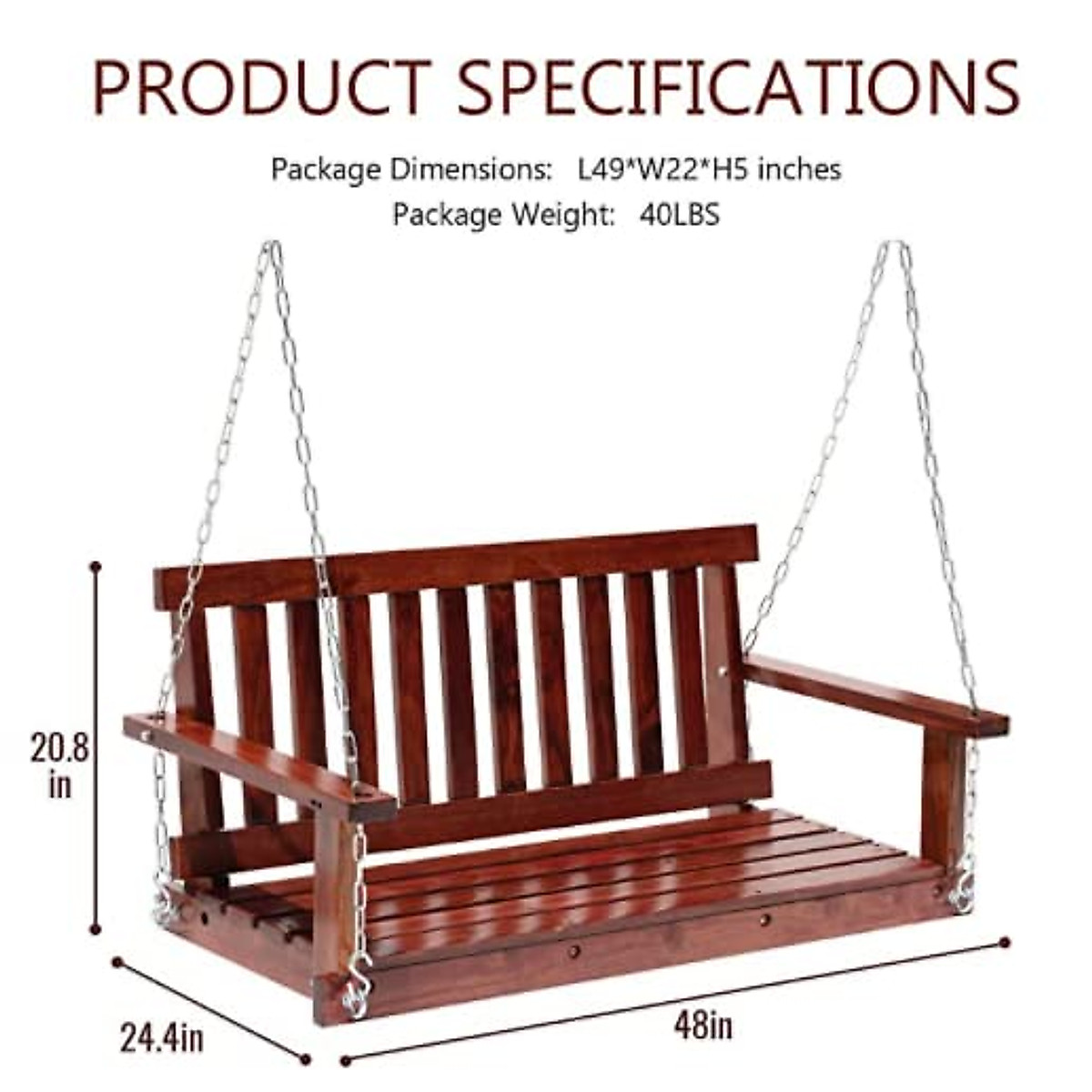 Wooden Porch Swings Outdoor Bench Swing 48inch, 2 Person Seating Hanging Porch Swing Solid Wood Patio Bench for Garden,Yard,Patio,Corrosion Resistant, Heavy Duty 800lb Weight for Adult (Brown)