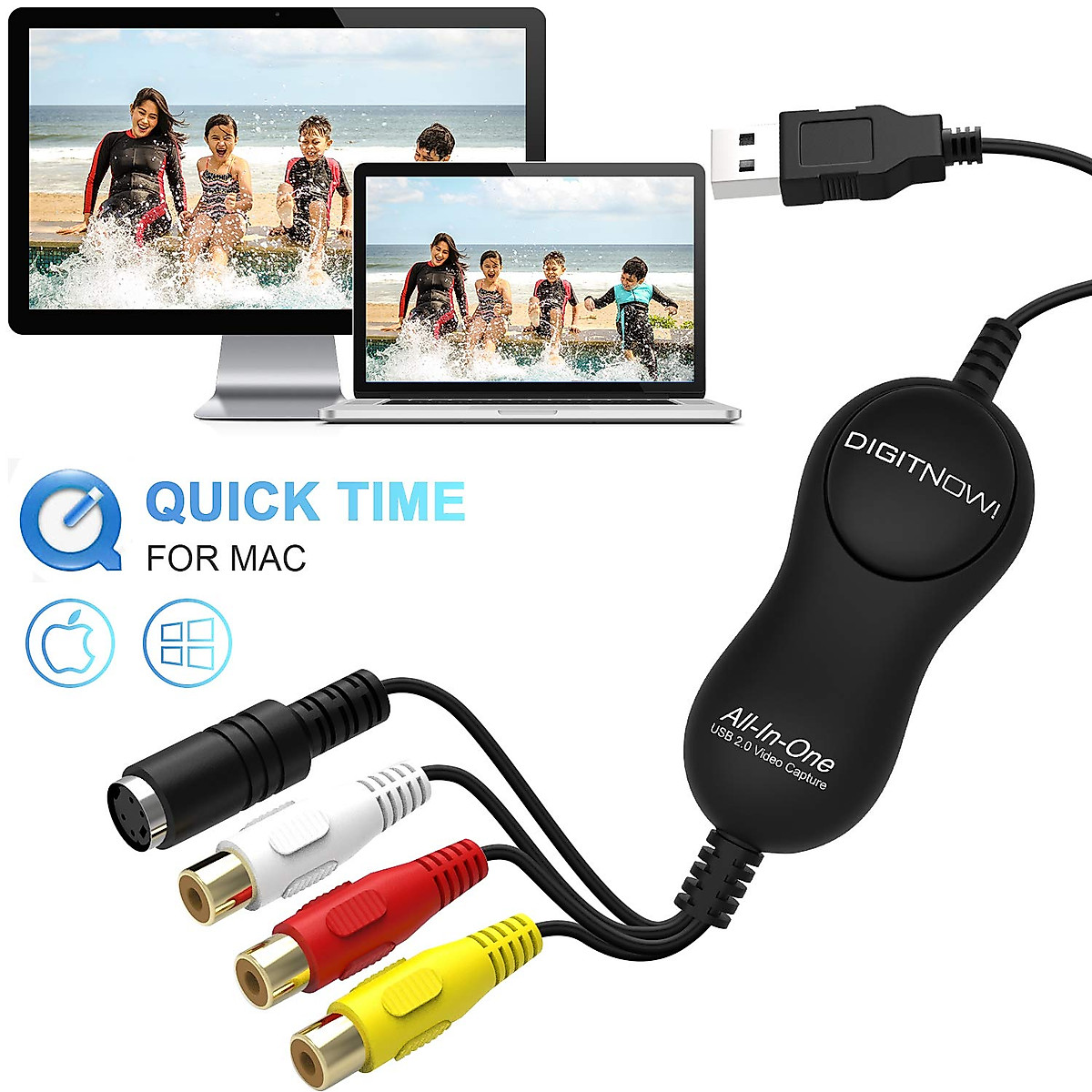 DIGITNOW USB 2.0 Video Capture Card Device Video Grabber One Touch VHS VCR TV to DVD Converter, Transfer VHS Home Videos to Mac OS X PC Windows 7 8 10