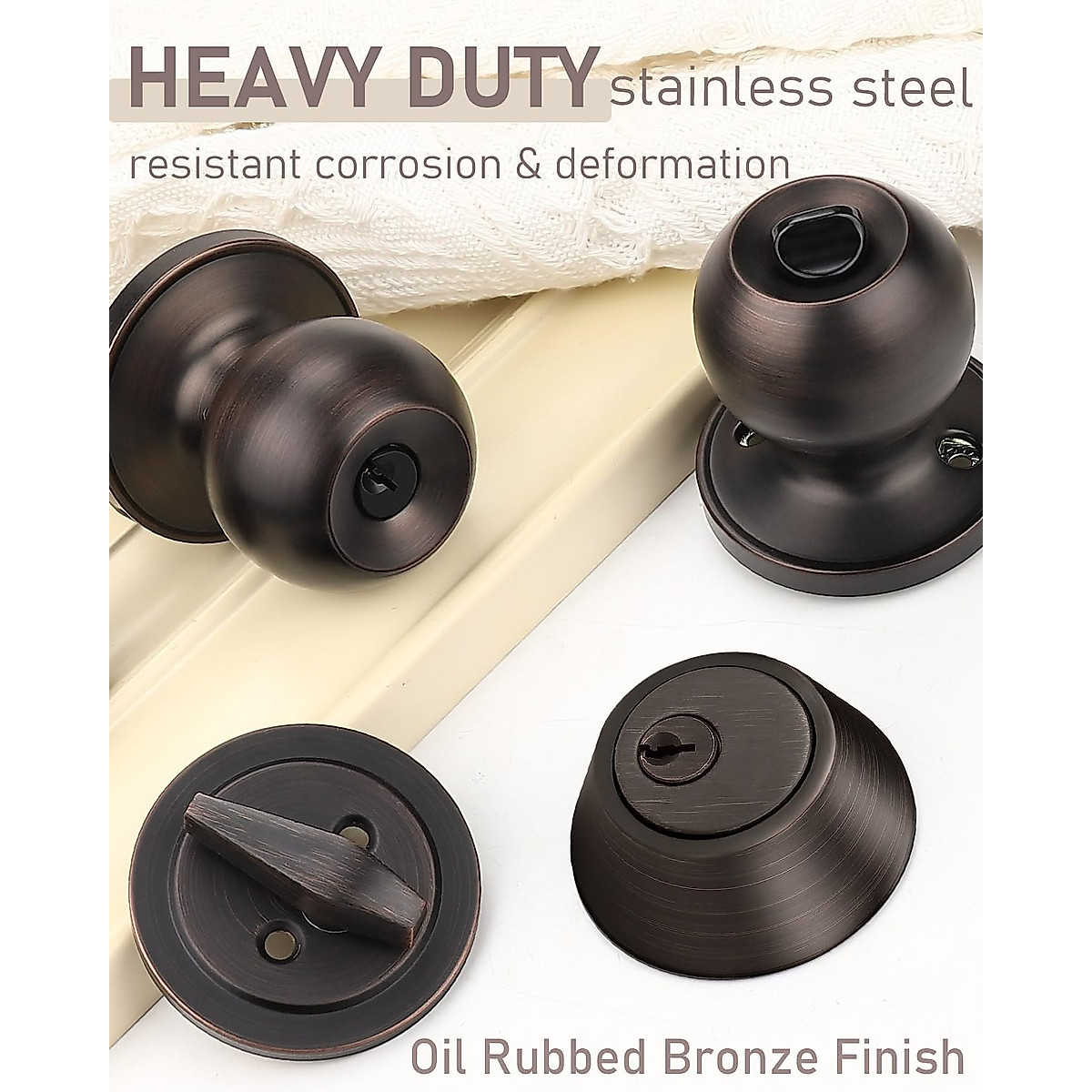 Exterior Deadbolt and Door Knob Set, Oil Rubbed Bronze Entry Door Locksets with Single Cylinder Deadbolt, 3 Pack Keyed Alike Door Lockset with Over 250000 Cycles