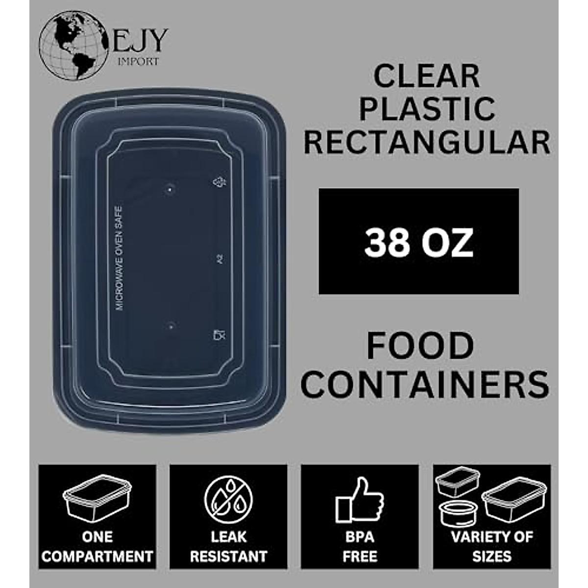 EJY IMPORT Rectangular And Round Meal Prep Food Containers with Lids - Stackable - Dishwasher/Microwave/Freezer Safe - One Compartment Box - Reusable Storage - 50 Sets (38 OZ - 50 SETS - RECTANGLE)